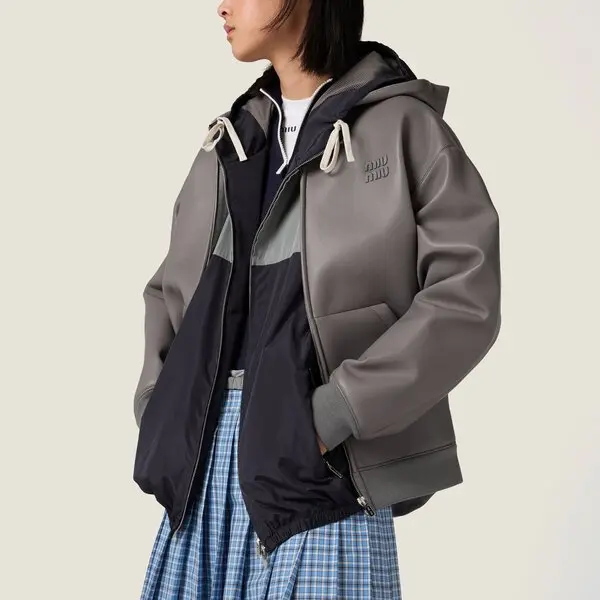 Miu Miu Nappa Leather And Bonded Jersey Hoodie Jacket - Marble